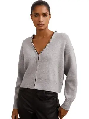 REISS Wool-blend Cardigan With Cashmere And Beaded Trim - Grey