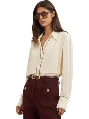 REISS Clara Scallop-trim Ladder-stitch Shirt - Cream