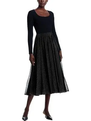 Elie Tahari Angelique Mixed Media Midi Dress - Noir With Gold Lurex - 50%  Off | Editorialist