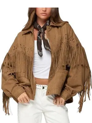 EDIKTED Fringe Faux Suede Jacket - Brown