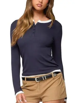 EDIKTED Contrast Layered Look Henley Top - Navy