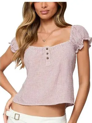 EDIKTED Rhory Pinstripe Babydoll Top - Burgundy
