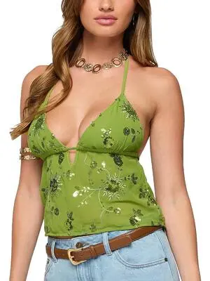 EDIKTED Sequin Floral Chiffon Halter Top - Green