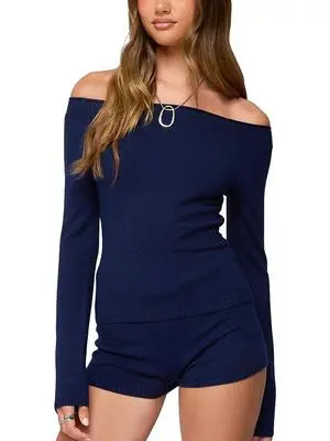 EDIKTED Arianna Off Shoulder Knit Sweater - Navy