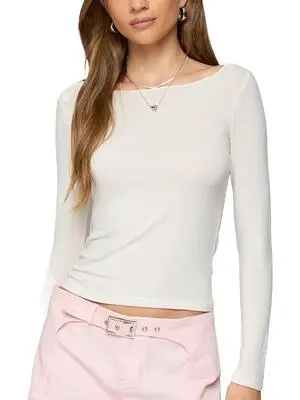 EDIKTED Semi Sheer Long Sleeve Top - White