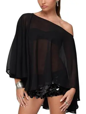 EDIKTED Sheer Chiffon Asymmetric Poncho - Black