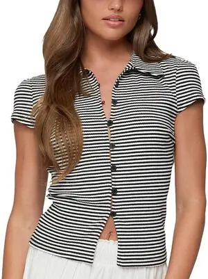 EDIKTED Striped Ribbed Button Up Top - Black And White