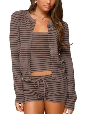 EDIKTED Lillian Striped Button Up Knit Cardigan - Brown