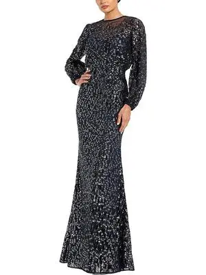 Mac Duggal Sequin Long Sleeve Blouson Evening Gown - Midnight