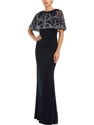 Mac Duggal Fitted Jersey Embellished Cape Gown - Midnight
