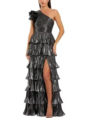 Mac Duggal Pleated Metallic Tiered Ruffle One Shoulder Gown - Gunmetal