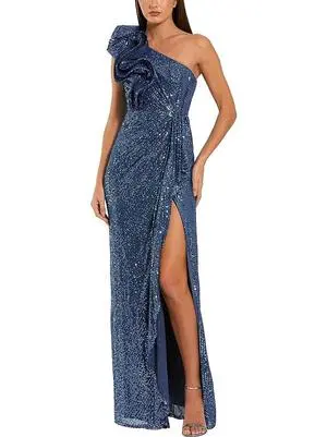 Mac Duggal Sequin One-shoulder Ruffle Gown - Ocean