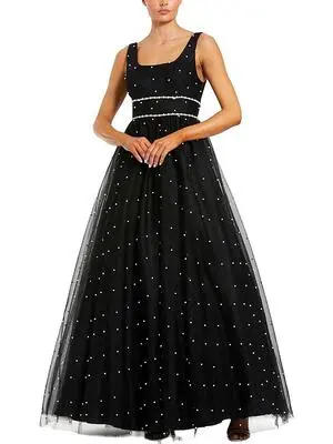 Mac Duggal Pearl Embellished Tulle Ball Gown - Black And Ivory