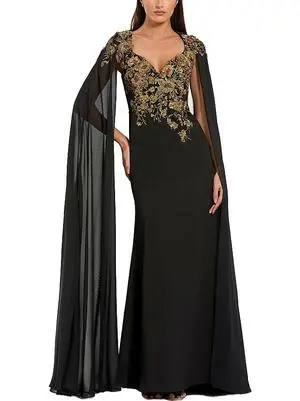 Mac Duggal Embellished Crepe Gown With Chiffon Cape Sleeves - Black Gold