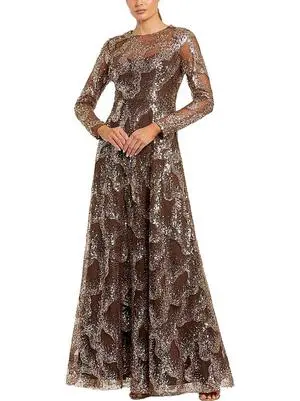 Mac Duggal Embellished Mesh Long Sleeve Gown - Bronze