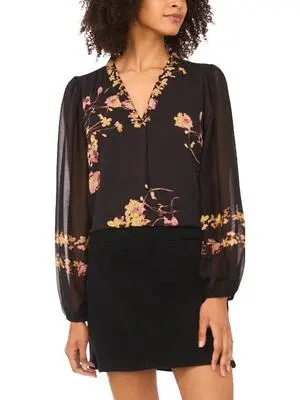 Vince Camuto Floral Long Sleeve Top - Rich Black