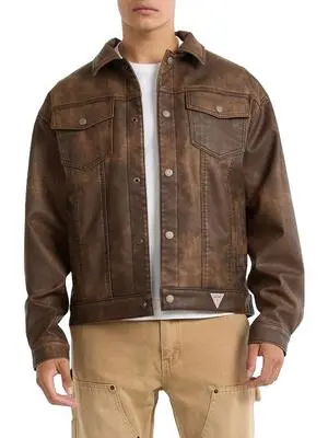GUESS ORIGINALS Faux Leather Trucker Jacket - Brown