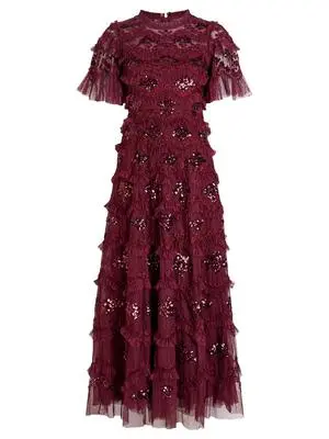 NEEDLE & THREAD Sequin-embellished Tulle Gown With Ruffled Trims - Burgundy