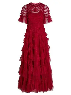 NEEDLE & THREAD Aviana Ruffled Embroidered Tulle Gown - Red