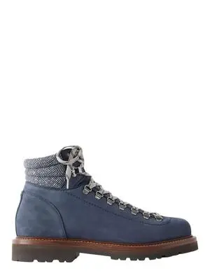 Brunello Cucinelli Flannel-Trimmed Nubuck Boots Navy