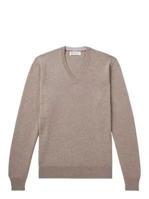 Brunello Cucinelli V-Neck Cashmere Sweater Beige