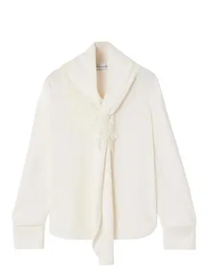 Oscar De La Renta Tie-detailed Lace-trimmed Silk-blend Georgette Blouse - Ivory