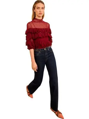 Ulla Johnson Corinna Mock Neck Tiered Ruffle Top - Claret