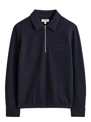 Cos Boiled Wool Zip-up Polo Sweater - Navy