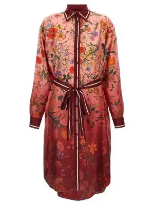 Gucci Flora Print Silk Twill Midi Shirt Dress - Multicolor