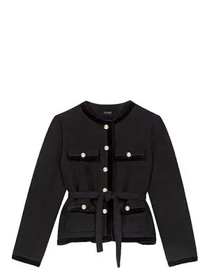 Maje Contrast-trim Belted-waist Tweed Jacket - Black