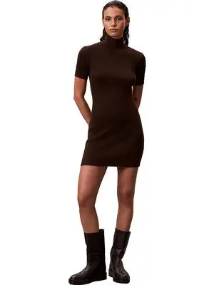 Calvin Klein Lurex Merino Wool Blend Ribbed Sweater Dress - Mocha Brown