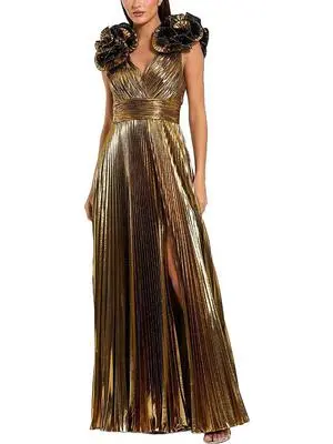 Mac Duggal Pleated Metallic V-neck Gown With Ruffle Detail - Antique Gold