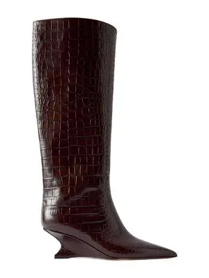 Paris Texas Nina Croc-Effect Leather Knee Boots Dark Brown