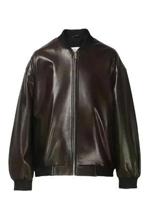 Nour Hammour Zipped Leather Bomber Jacket - Brown