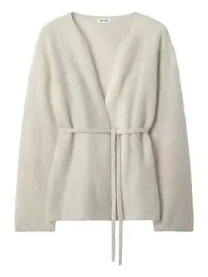 Soft Goat V-neck Tie Brushed Cardigan - Neutrals