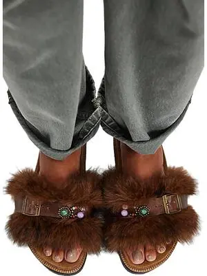Free People Faux Fur Slide Sandals - Brown
