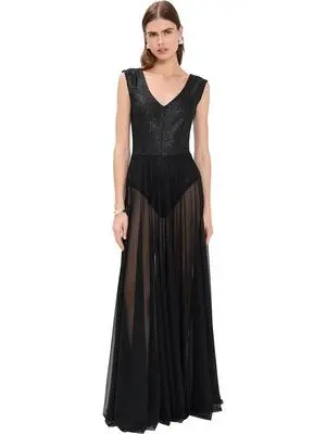 Norma Kamali Double Drop Shoulder Combo Flared Gown - Black
