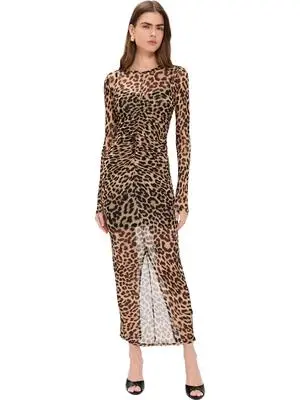 Good American Mesh Ruched Maxi Dress - Lucky Leopard001
