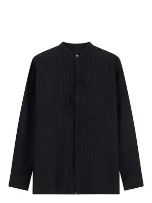 Emporio Armani Garment-dyed Linen Shirt With Guru Collar And Pleated Detail - Black