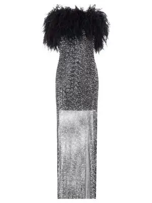 SANTA BRANDS Feather-embellished Slit Midi Dress - Black