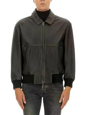 BOSS Leather Zip Jacket - Grey