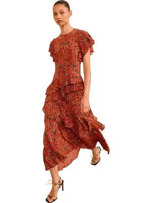 Ulla Johnson Amaia Cascading Ruffle Midi Dress - Terracotta