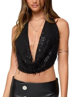 EDIKTED Fringed Sequin Halter Top