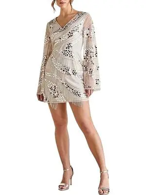 Coast Sequin Mini Dress With Flare Sleeves - Natural