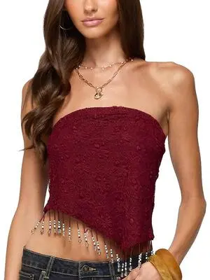EDIKTED Textured Asymmetric Beaded Strapless Top - Burgundy