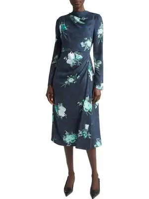 Erdem Abstract Rose Print Draped Midi Dress - Abstract Rose Navy