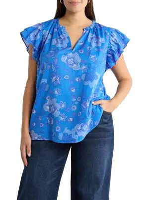 SUGARLIPS Selma Floral Ruffle Top - Cobaltblue