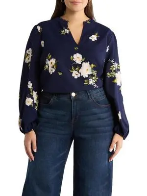 SUGARLIPS Floral Split-neck Top - Navy-pink