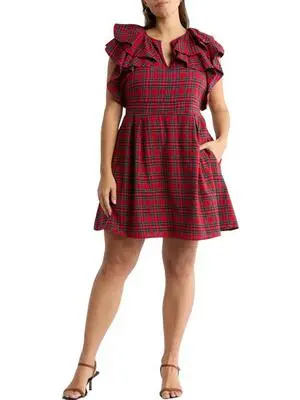 SUGARLIPS Arvada Plaid Ruffle Mini Dress - Red-multi