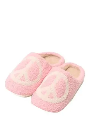 MALIBU SUGAR Plush Peace Symbol Slippers Pink & White